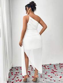 Elenzga Plus Size White One Shoulder Midi Dress, 3D Floral Detail ...