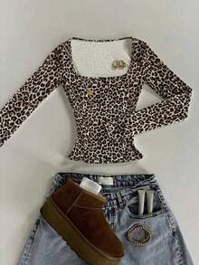 INAWLY Classic Leopard Print Square Neck Long Sleeve T-Shirt,Plus-Size ...