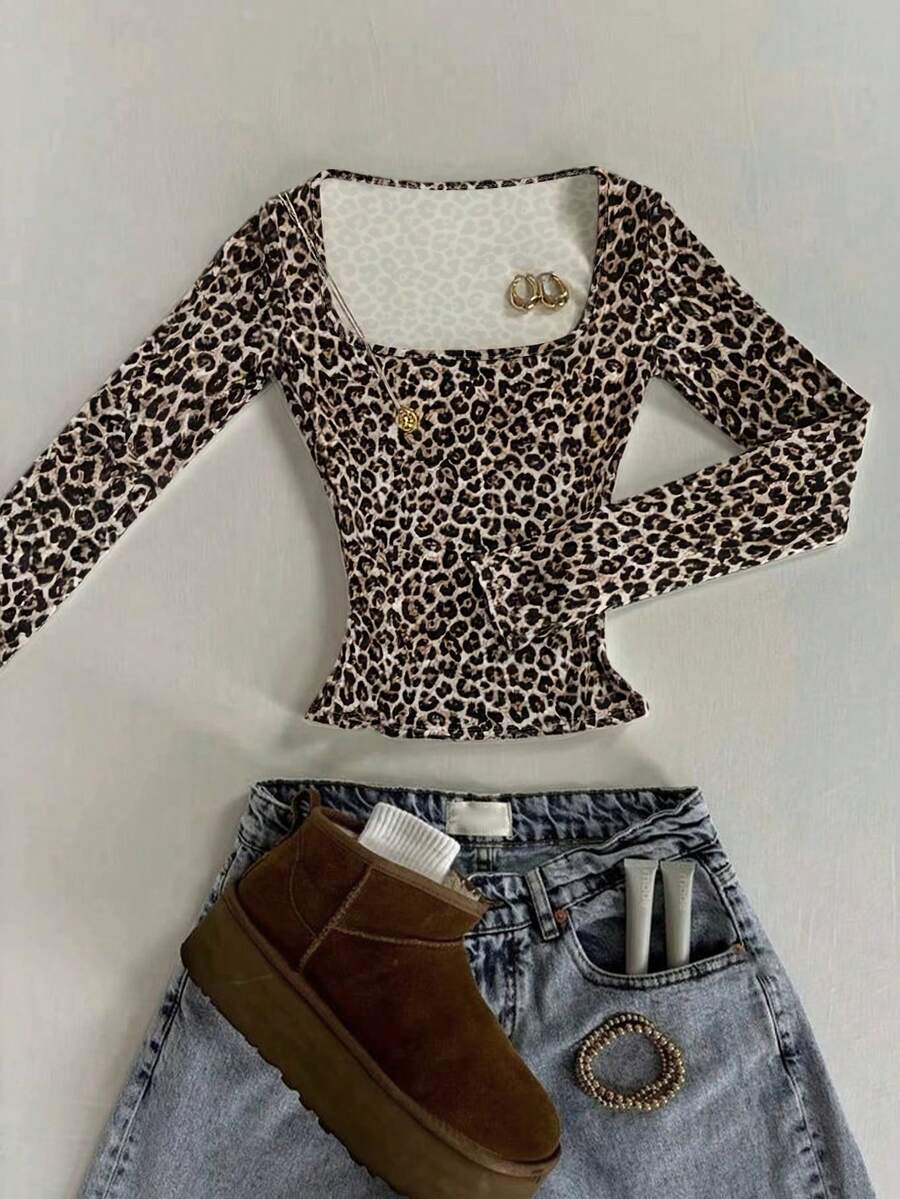 INAWLY Classic Leopard Print Square Neck Long Sleeve T-Shirt,Plus-Size ...