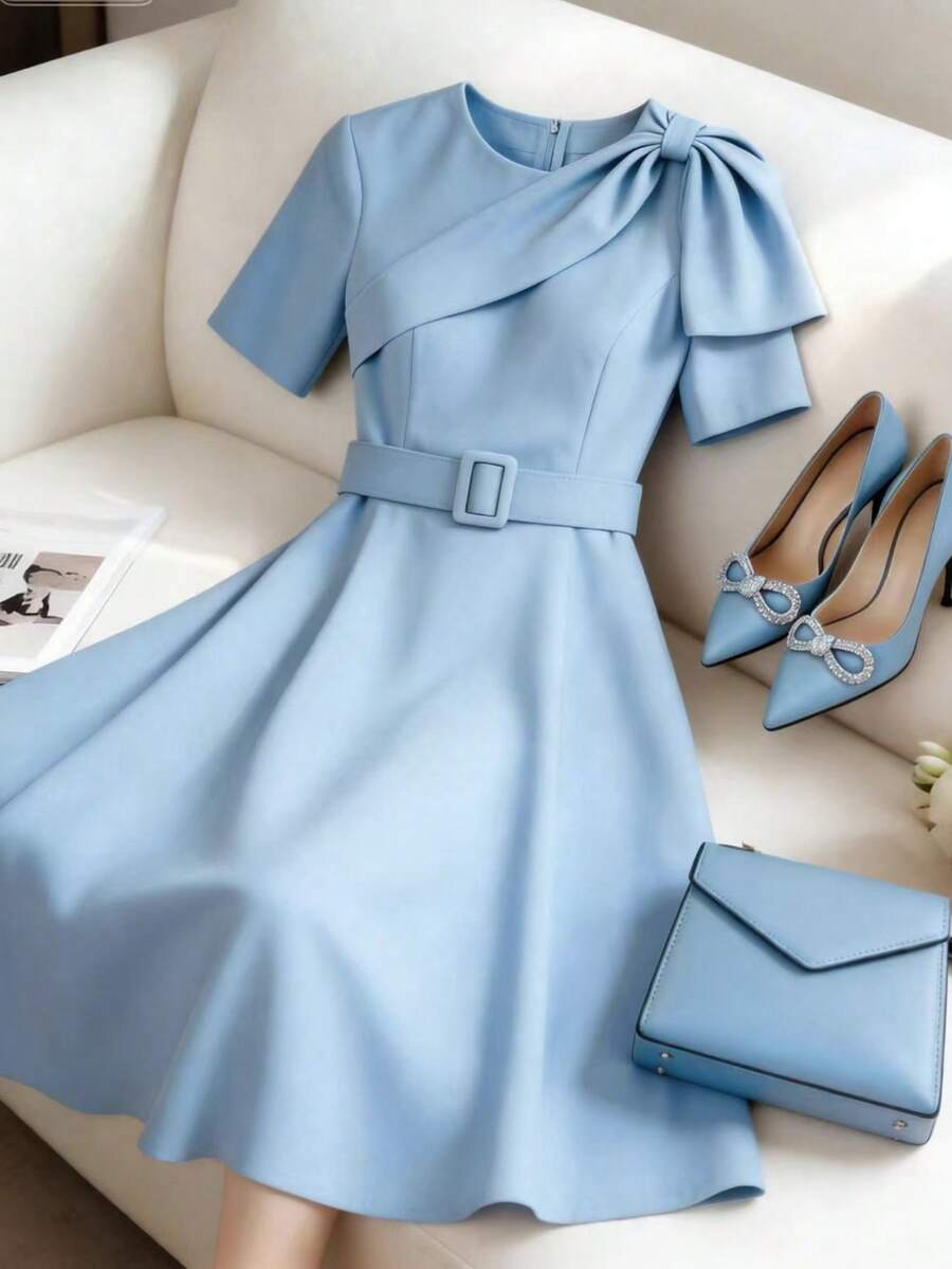 GlowEve Elegant Light Blue Summer A-Line Wrap Dress For Brunch,French ...