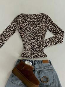 INAWLY Classic Leopard Print Square Neck Long Sleeve T-Shirt,Plus-Size ...