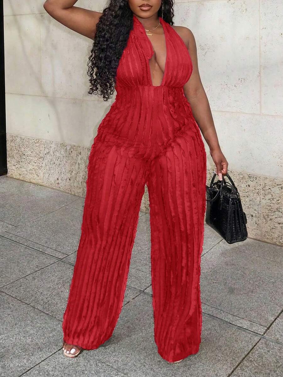 Slaydiva Plus Size Red Summer Elegant Satin Party Jumpsuit, Halterneck ...