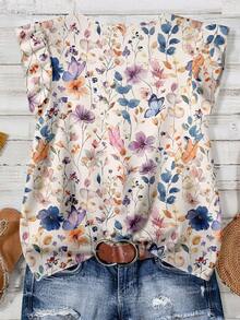 SHEIN LUNE Casual Minimalist Romantic Floral Print V-Neck Ruffle Trim ...
