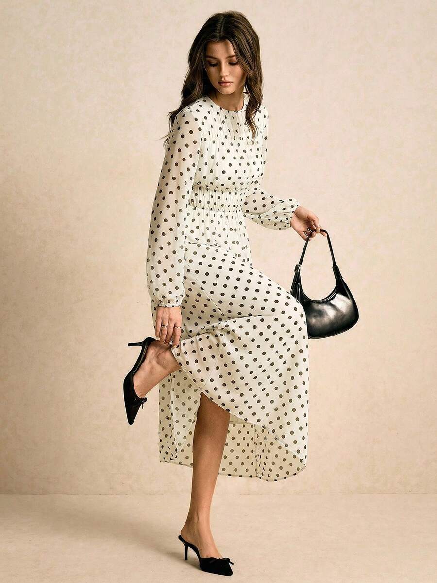 Poéselle Women's Elegant Polka Dot Print Waist Cinched Long Dress ...