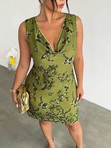 Firerie Plus Size Elegant Sequin Embroidered Sleeveless Dress, Summer ...