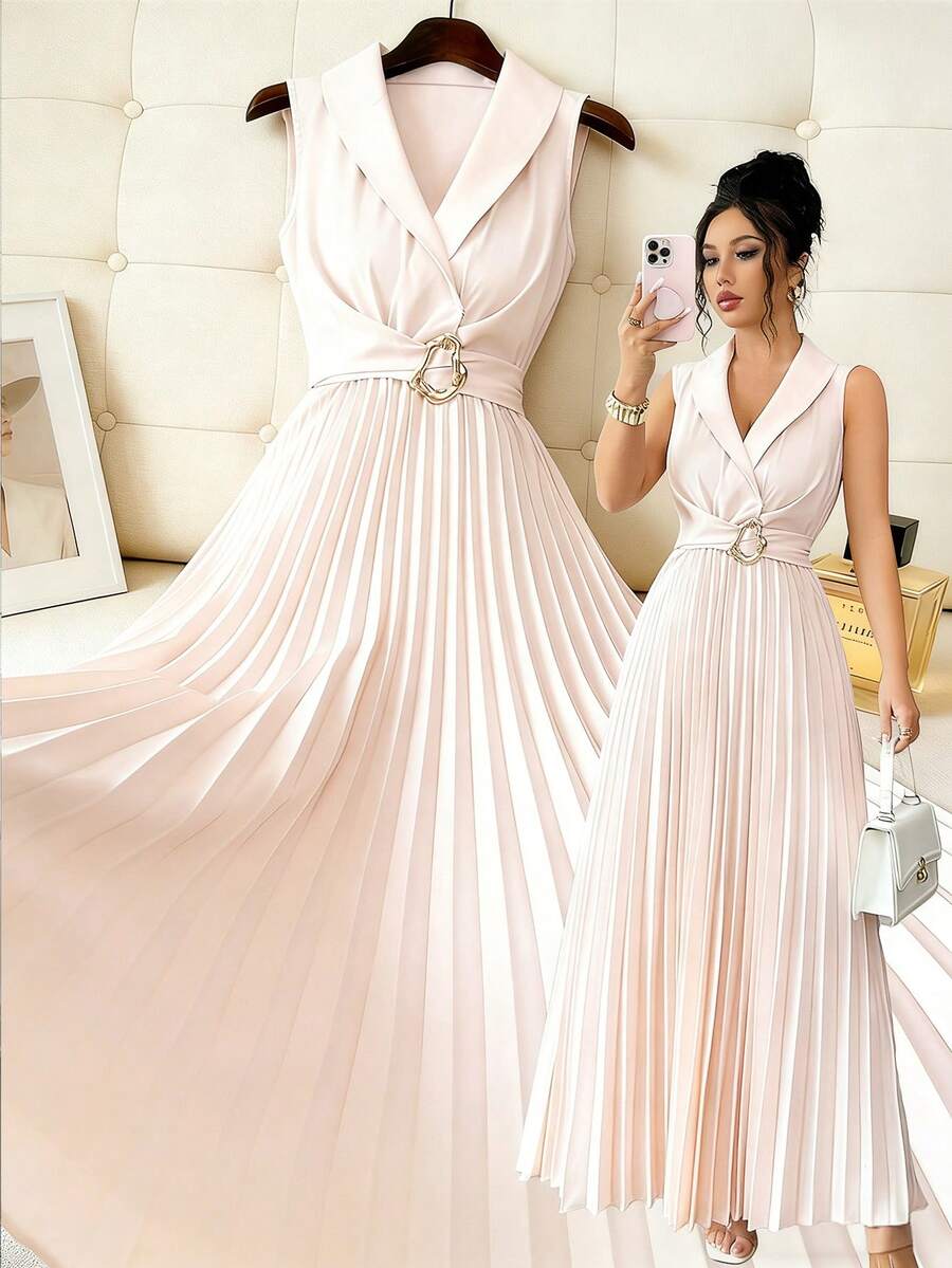 SHEIN Elenzya Elegant Collared Solid Color Pleated Waist Fitted ...