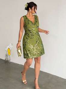 Firerie Plus Size Elegant Sequin Embroidered Sleeveless Dress, Summer ...