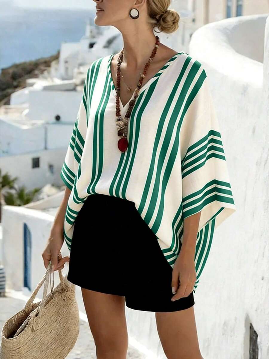 SHEIN Holidaya Women's Bohemian Style Contrast Color Striped Print V ...