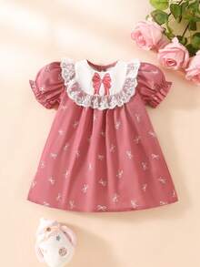 SHEIN Newborn Baby Girl Dusty Pink Floral Print Lace Spliced Bubble ...
