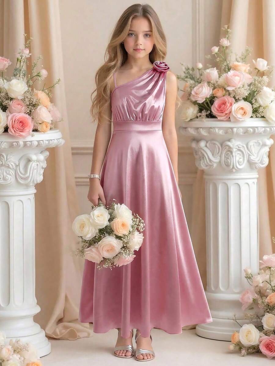 SHEIN Elegant Asymmetric Shoulder Floral Decor Shiny Satin Dress ...