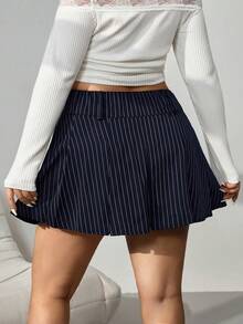 SHEIN EZwear Plus Size Navy & White Striped Mini Pleated Skirt, Casual ...