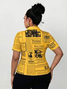 Maweii Plus Size Women Slogan Print Short Sleeve Single-Breasted Casual ...