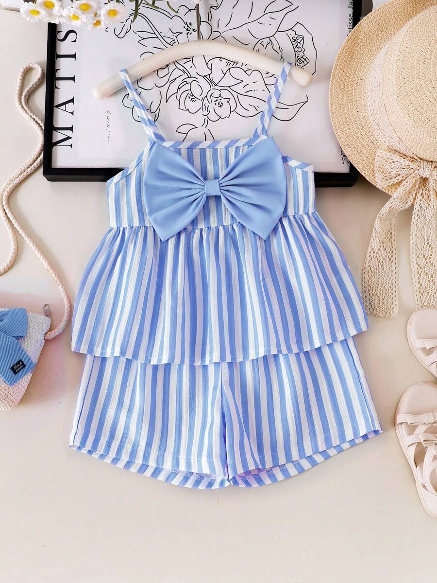 SHEIN Elladie kids Girls Blue Striped Bow Decor Camisole Top And Shorts ...