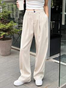 DAZY Women's Solid Color Pleated Straight Leg Casual Loose Pants Petite ...