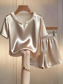 Franclia White Gold,Summer,Elegent,Brunch Casual Pearl Decor Round Neck ...