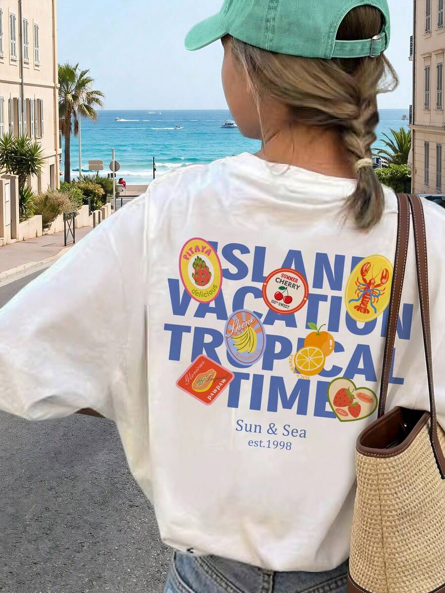 Tween Girls' Vintage Fruit & Lobster Print White Short Sleeve Fitted ...