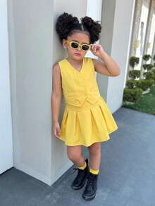 SHEIN Conjunto de Top com Gola Abotoada e Saia Plissada Estilo A-Line ...