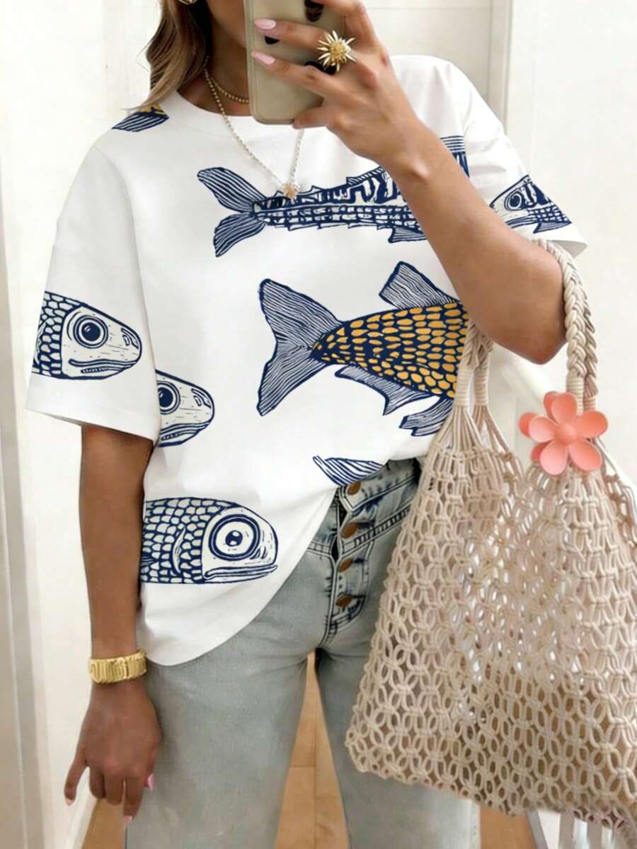 EMERY ROSE Plus Size Women Summer Casual Salted Fish Graphic Print ...