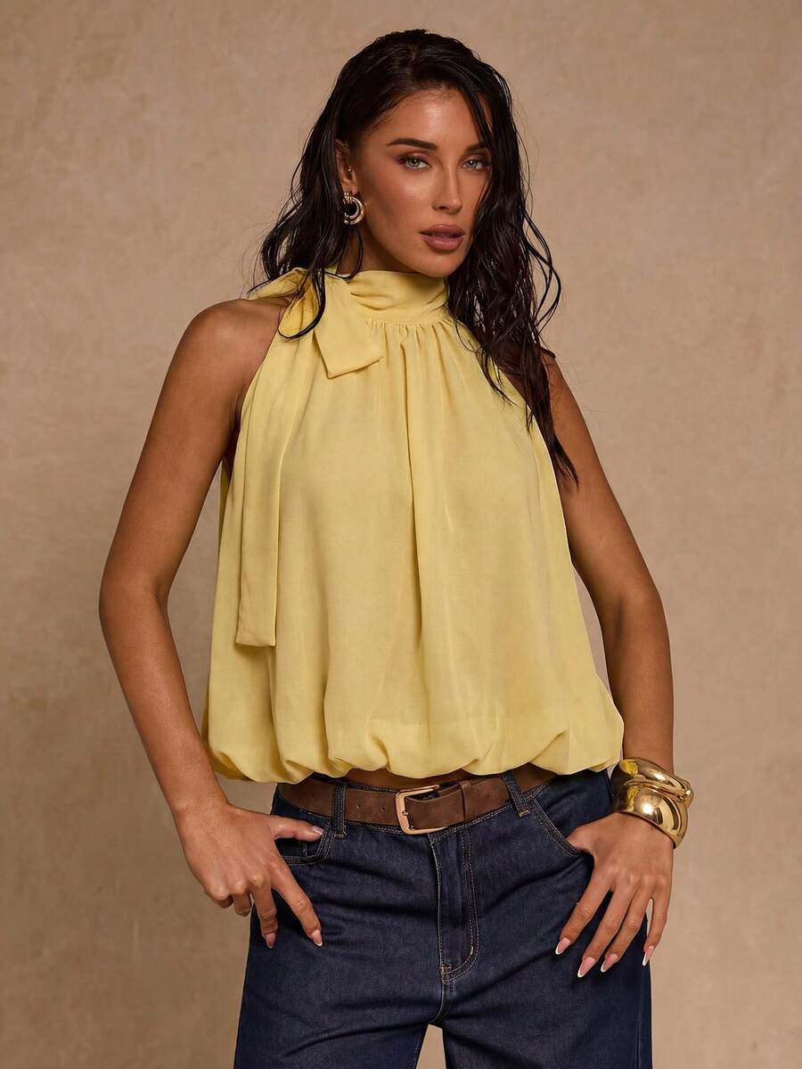 SHEIN Glamour Women's Butter Yellow Satin Halter Blouse, Elegant French ...