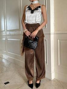 Rafferiza Women's Satin Lace-Trimmed Apron-Effect Patchwork Trousers ...