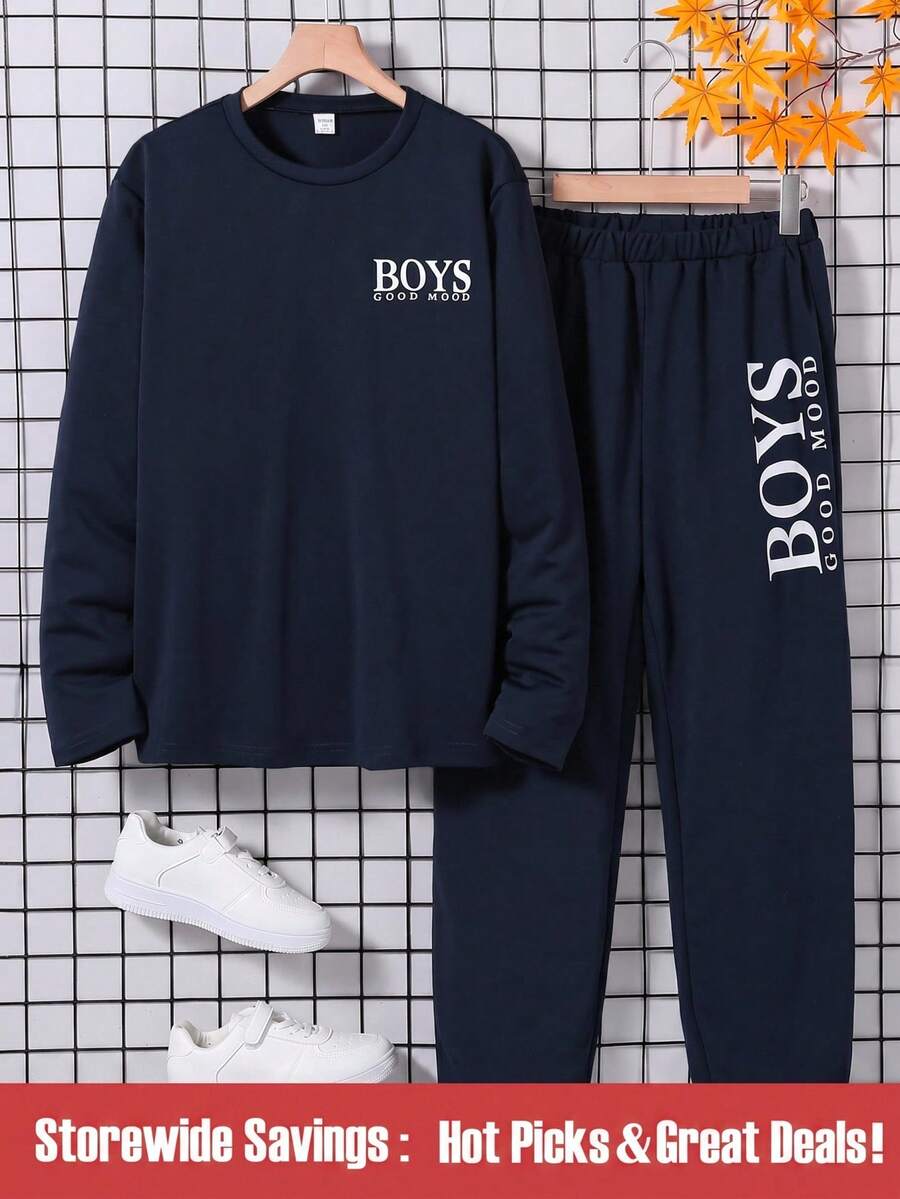 SHEIN Teen Boy 2pcs Casual Letter Print Long Sleeve Top And Pants Set ...