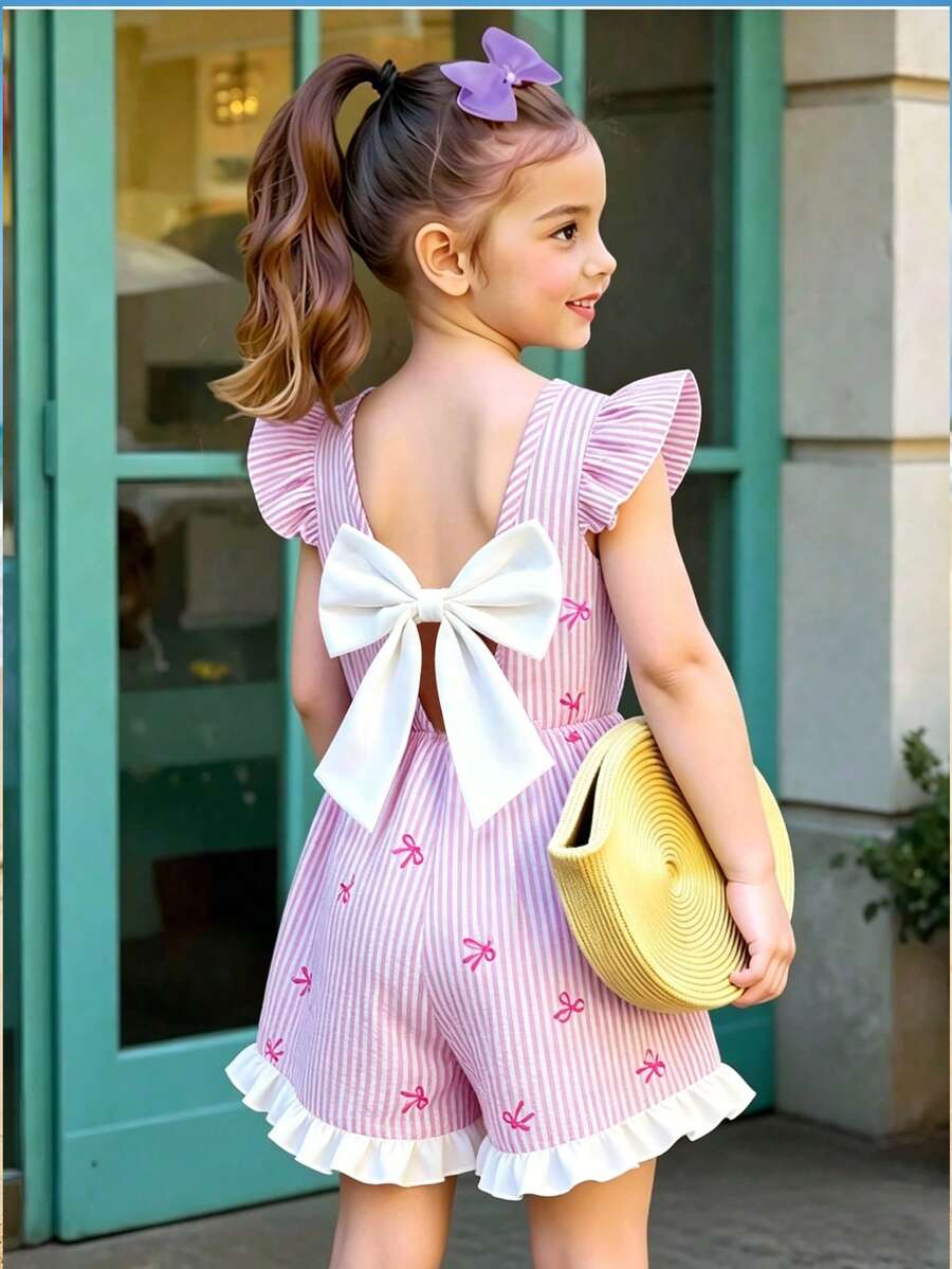 SHEIN Young Girls Fashion Cute Textured Floral Print Bow Romper ...