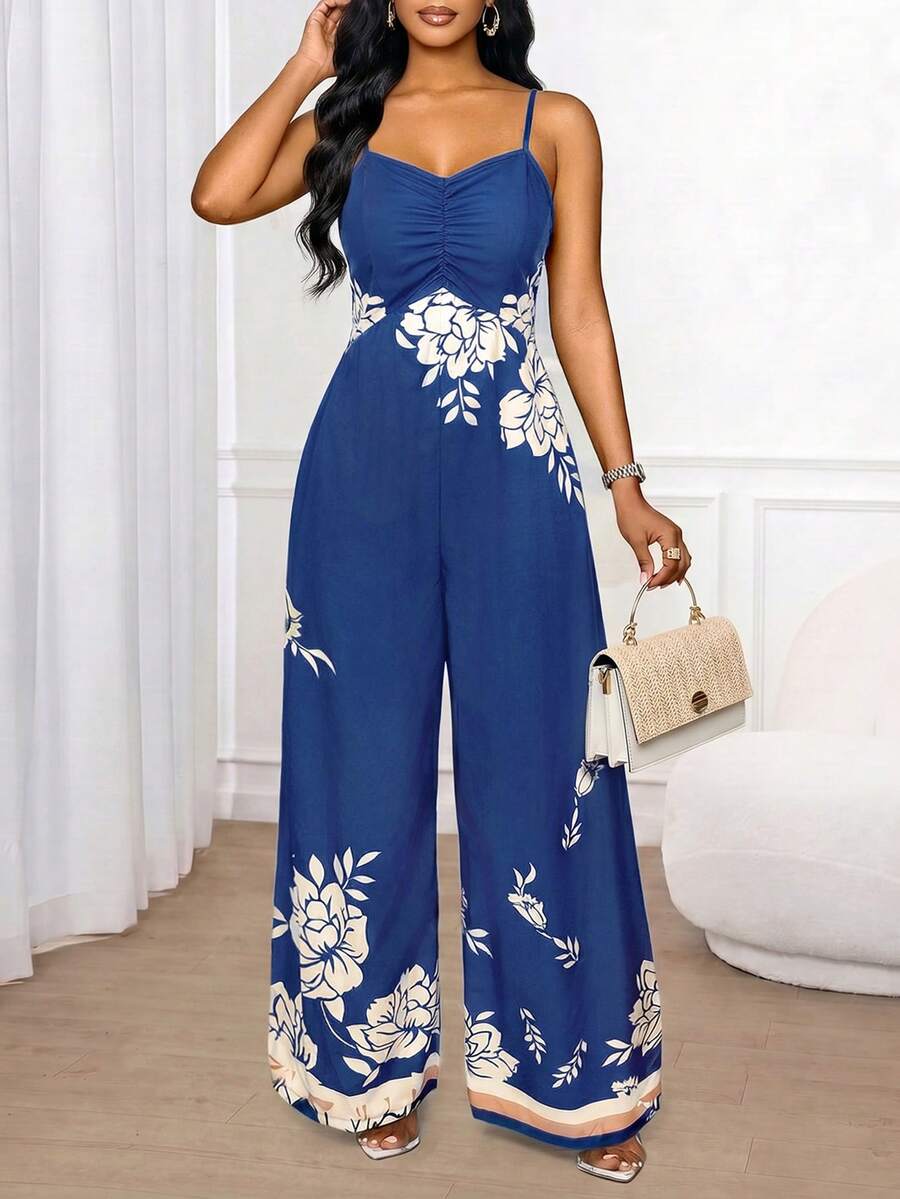 SHEIN Lady Women's Floral Print Wide Leg Jumpsuit, Vacation Style ...