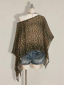 SHEIN ICON Women's Asymmetrical Shoulder Leopard Print Chiffon Cover Up ...