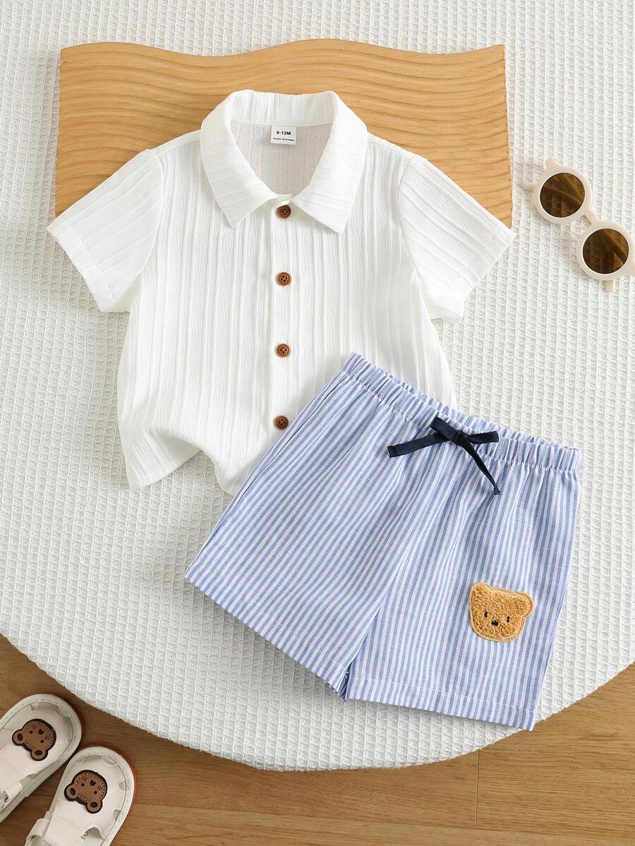 2 Peças Conjunto de Camisa Casual de Cor Sólida Tecida e Shorts Casuais ...