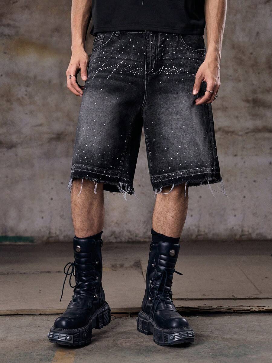 Skyrend Men's Denim Shorts Pants, Gothic Punk Streetwear Emo Distressed ...