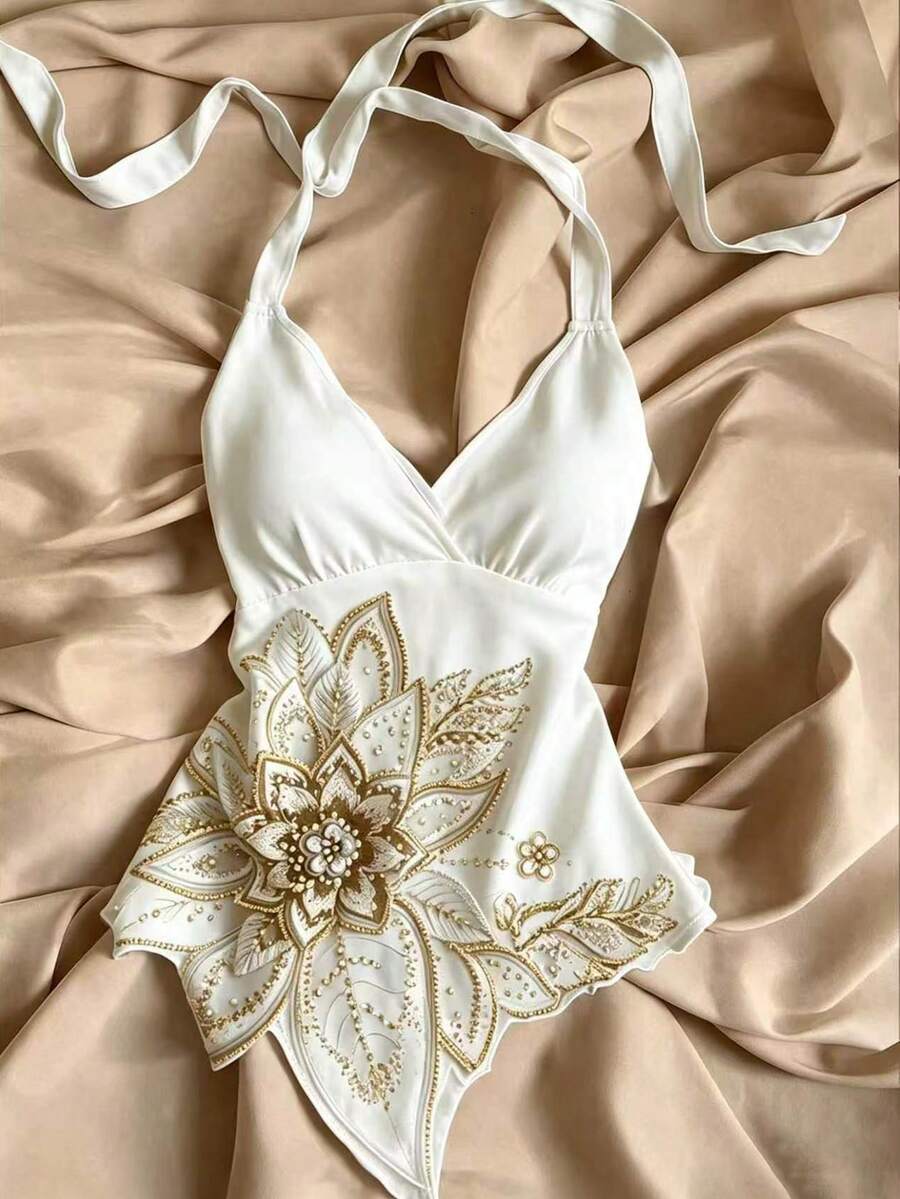 INAWLY Women's Elegant Rhinestone & Pearl Decor Backless Halter Top ...