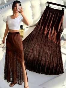 GlowEve Women's Brown Lace Patchwork Asymmetrical A-Line Skirt, Elegant ...