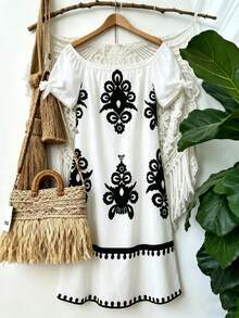 SHEIN Holidaya Floral Print Off-Shoulder Vacation Dress For Women White ...