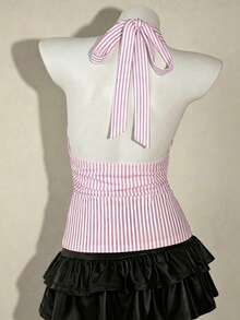 Women's 95% Cotton Light Pink Striped Halter Deep V-Neck Ruched A-Line ...