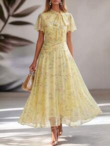 Editum Women's Elegant Pink And Yellow Summer Floral Print Flare Dress ...