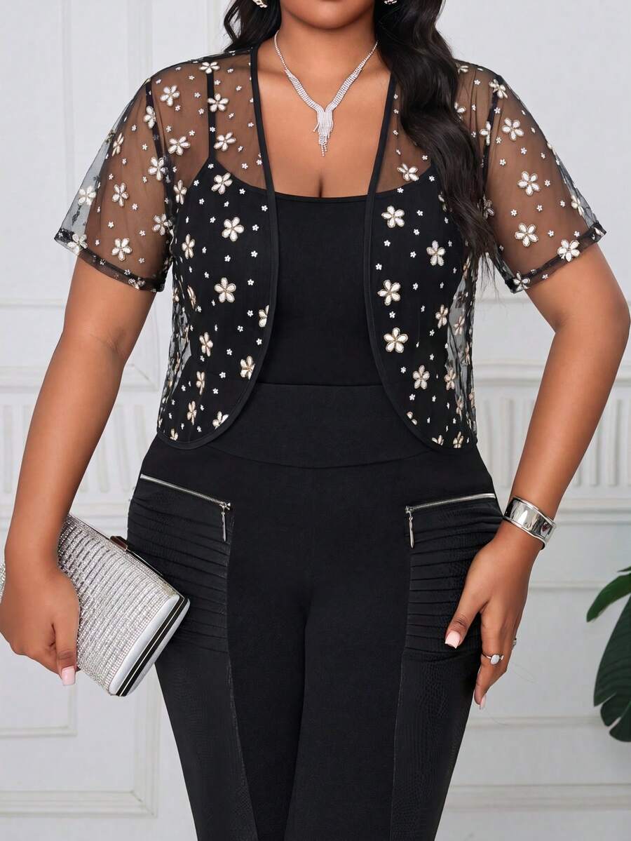 SHEIN Lady Plus Size Women Floral Print Mesh Short Sleeve Open Front ...