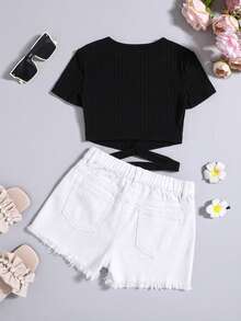 SHEIN Tween Girl Summer Solid Color Short Round Neck T-Shirt With ...