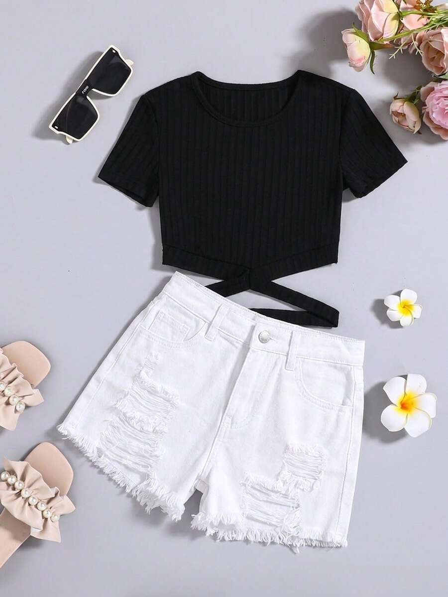 SHEIN Tween Girl Summer Solid Color Short Round Neck T-Shirt With ...