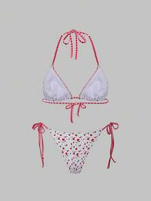 ROMWE Kawaii Women's Summer Cute White Floral Bikini Set, Red Gingham ...