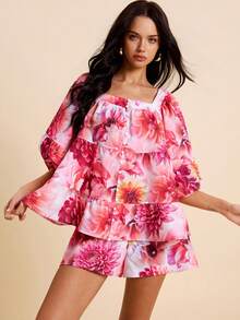 LOTSLUV Women's Pink Floral Watercolor Rose Print 2-Piece Set - Square ...