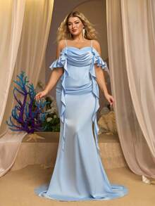 Glamrae Plus Size Light Blue Ruffle Trim Satin Drawstring Mermaid Hem ...