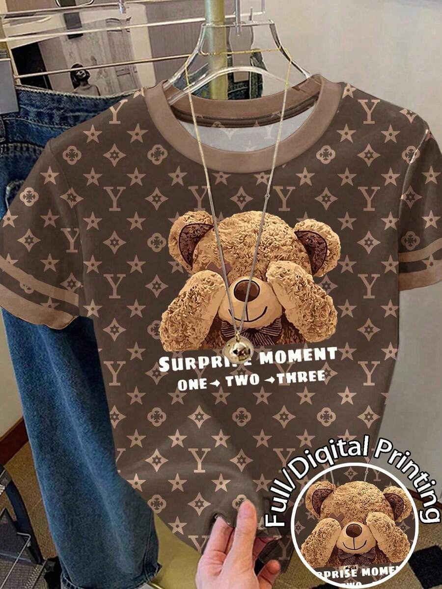 SHEIN חולצת טי עם שרוולים קצרים וצווארון עגול לנשים, גזרה רגילה, הדפס ...