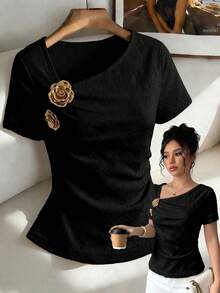 Elenzga Women's Black Asymmetrical Neck Short Sleeve T-Shirt, 3D Gold ...