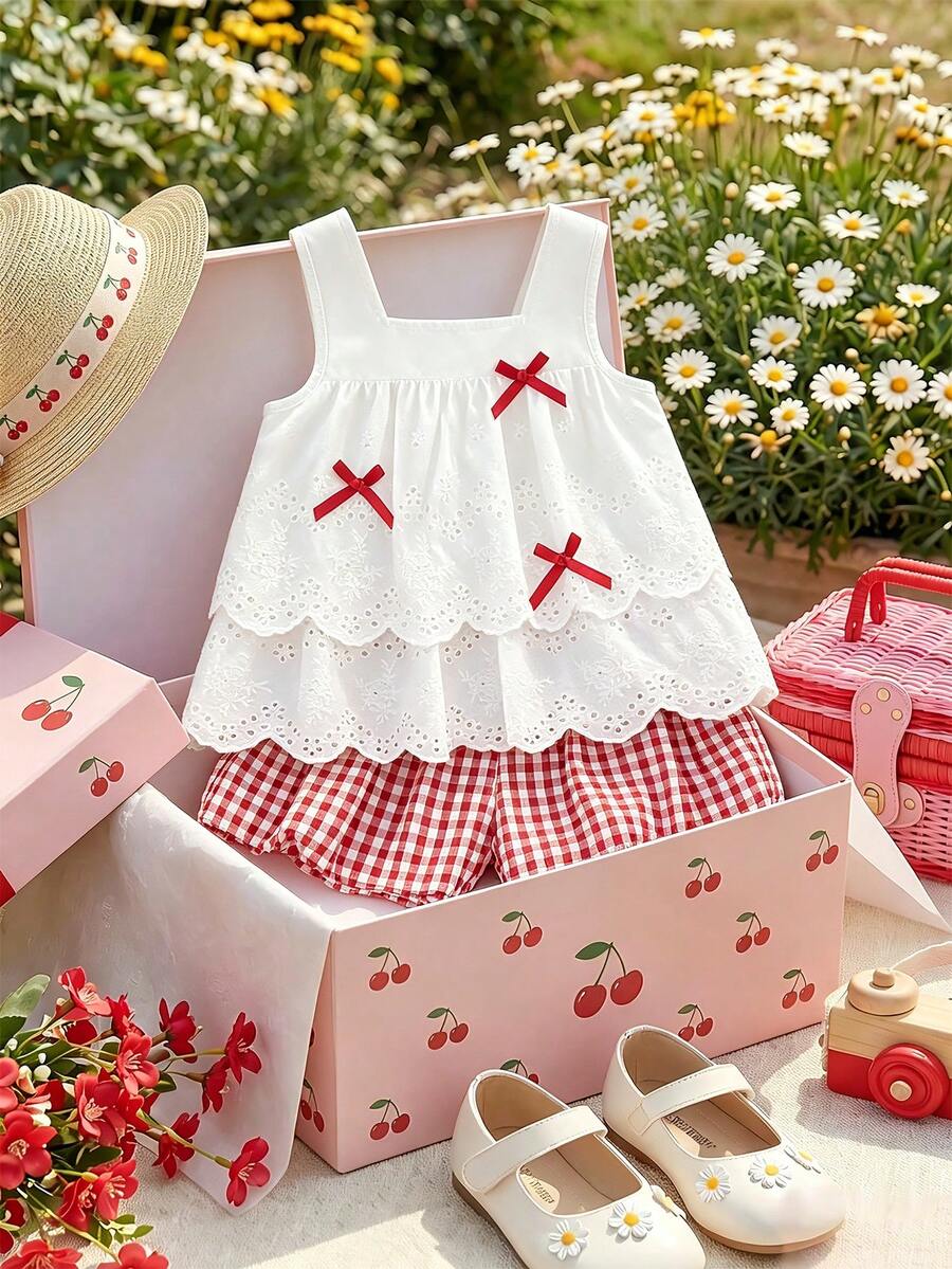SHEIN Vintaside Kids Baby Girl Embroidered Floral Trim Top With 3D Bow ...