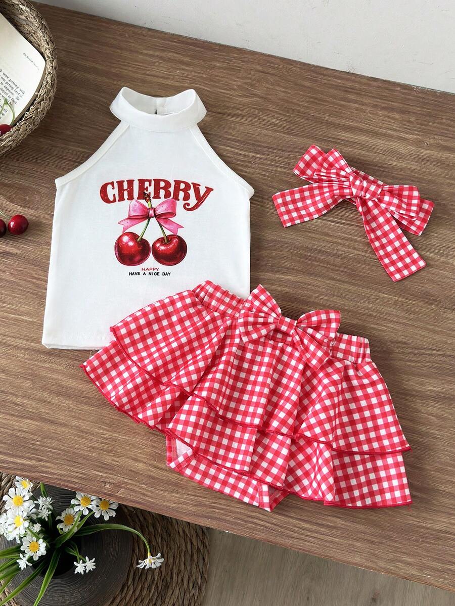 SHEIN Conjunto de Top Halter com Estampa de Letra e Cereja e Saia ...
