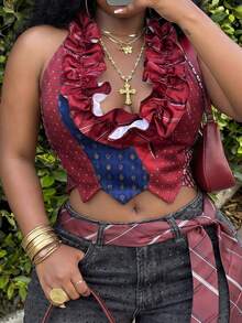 Slaydiva Summer Ruffle Halter Corset Crop Top For Women,Burgundy ...