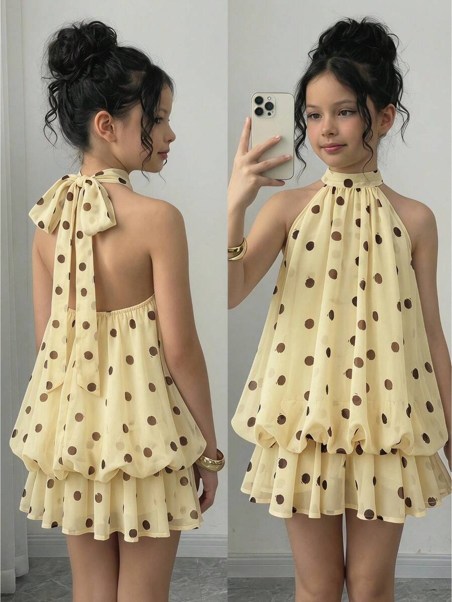 SHEIN Tween Girls' Brown And Yellow Polka Dot Summer Halter Dress,Cute ...