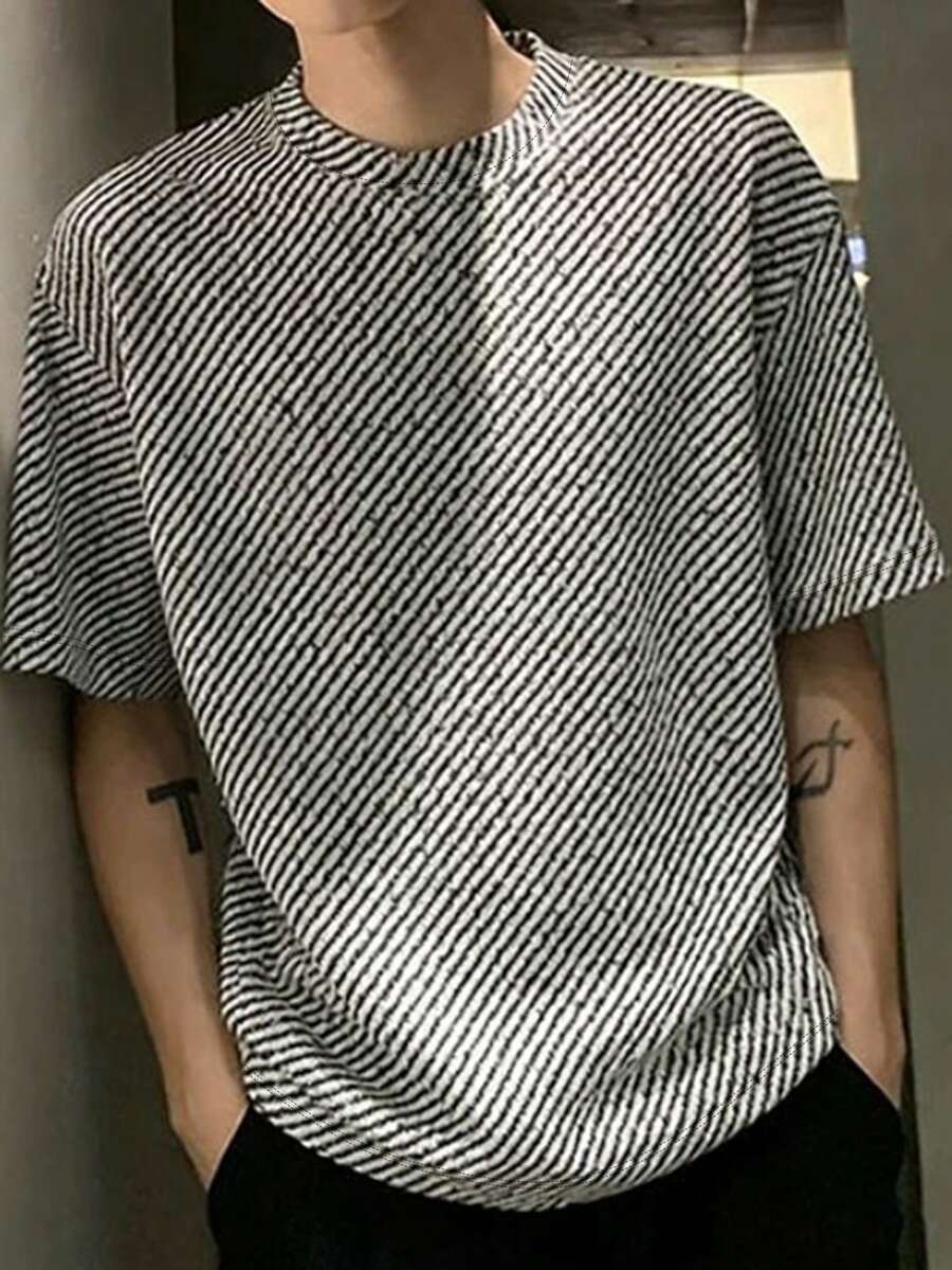 Manfinity Dauomo Men's Black And White Striped Crew Neck Short Sleeve T ...