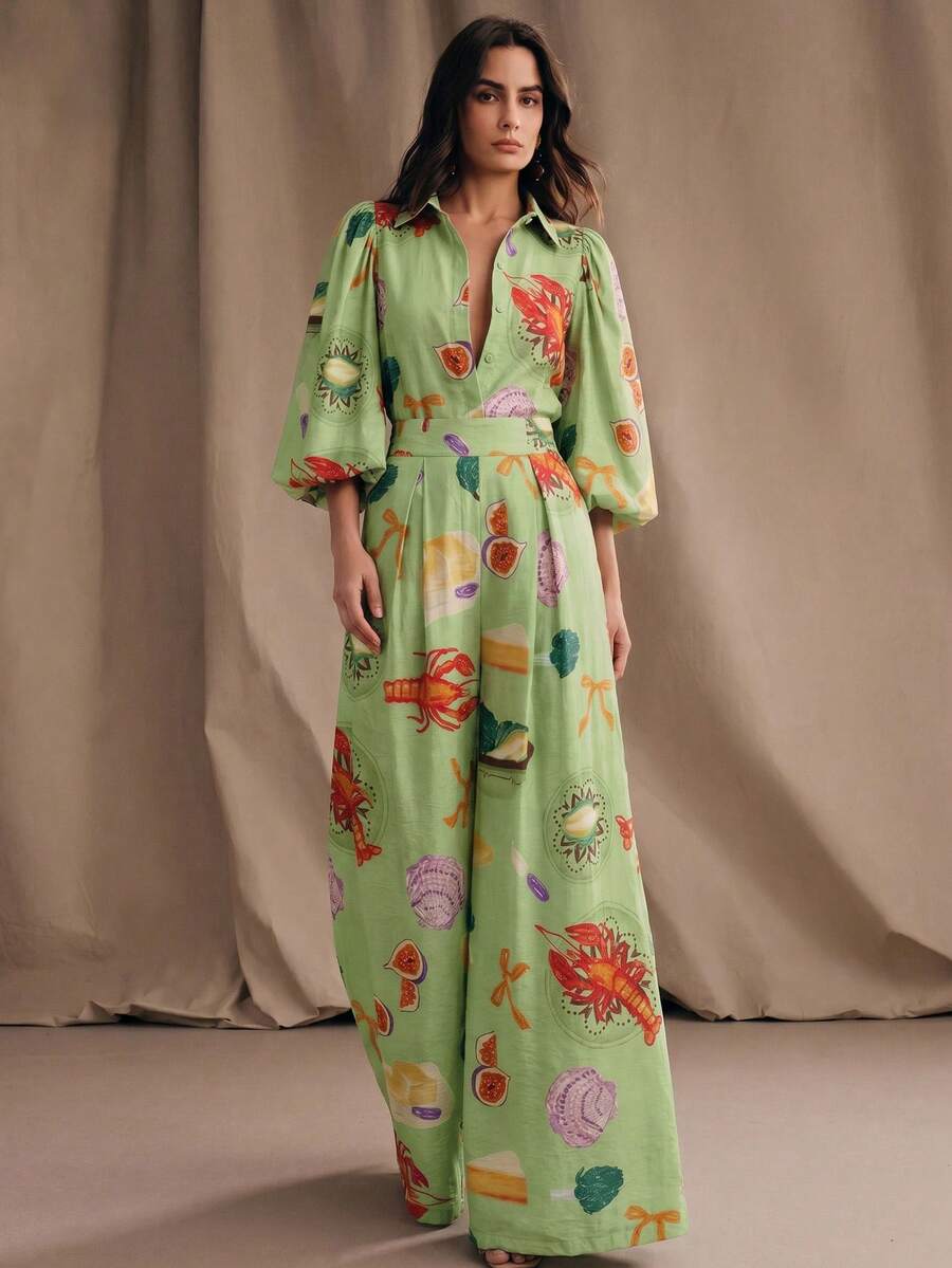 Anewsta Elegant Floral Embroidery Loose Collar Puff Sleeve Shirt + Wide ...