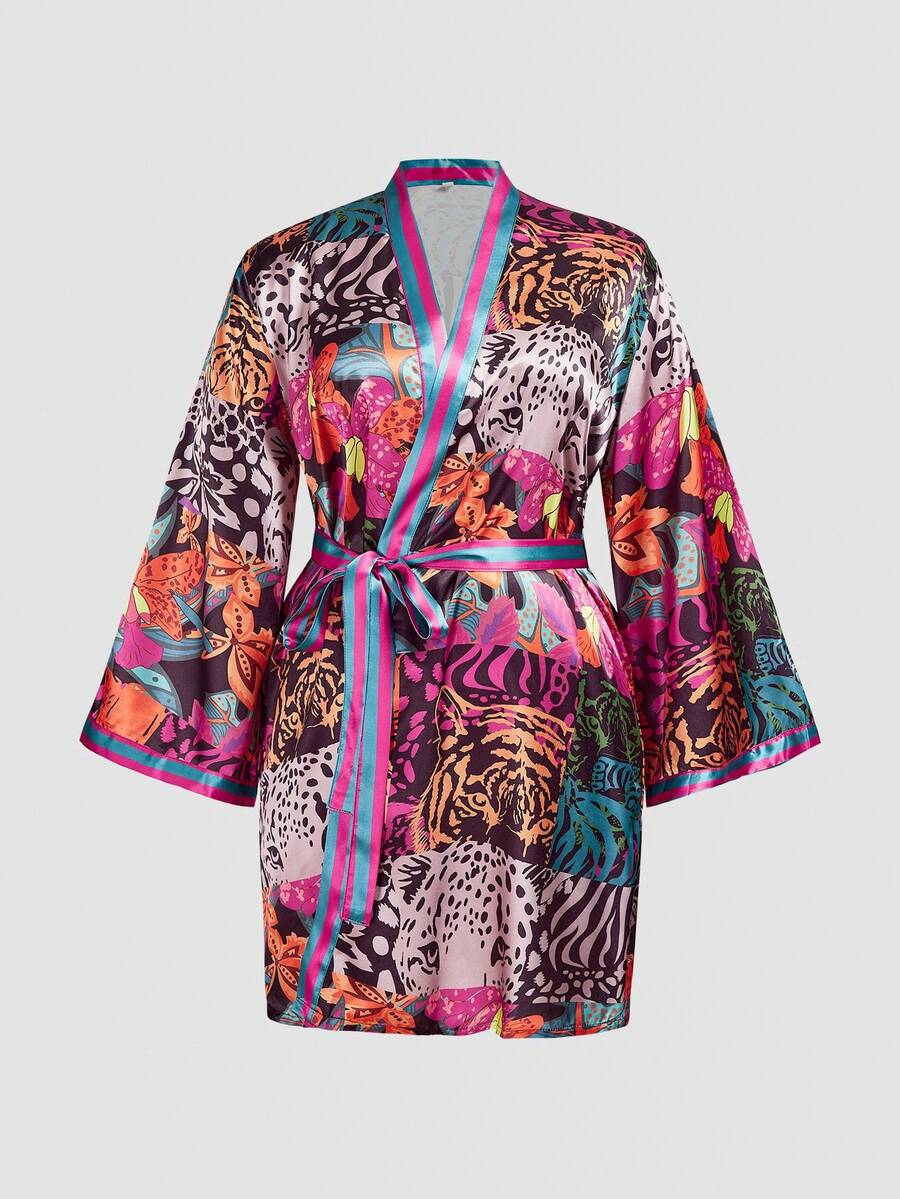 Chillnights Plus Size Tiger Plant Pattern Contrast Stripe Satin Robe ...